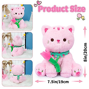 LSYDCARM Pink Cat Plush, 8Inch Cute Pink Cat Stuffed Animal with Tulips, Soft Cat Plushie Stuffed Cat Doll Birthday for Girls Mom, Kawaii Home Decor