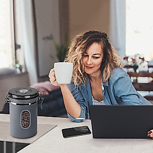 1800ML Airtight Coffee Canister with Date Tracker&Transparent Window, 22.8OZ Coffee Container with 30ML Measure Spoon&4 co2 Valve, Coffee Bean Storage Container for Grounds Coffee, Beans, Tea(Gray)