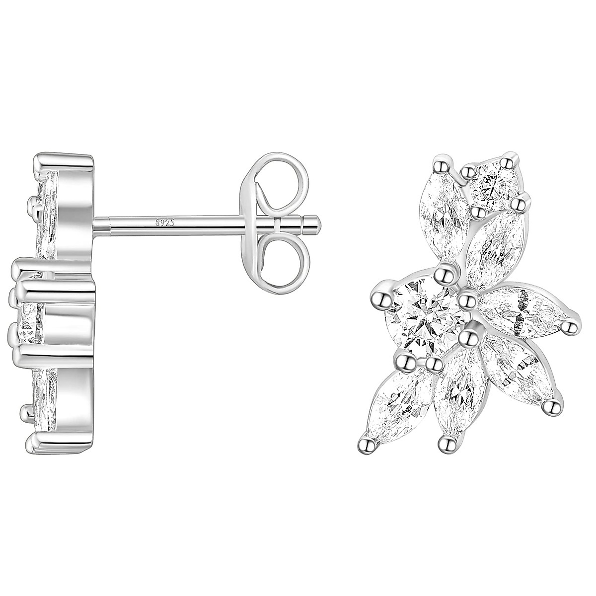 TIGRADE Stud Earrings Marquise and Round Cubic Zirconia Rhinestone Cluster Earrings 925 Sterling Silver Post Hypoallergenic for Women, Brides, Bridesmaid, Silver