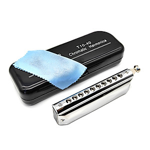 10 Holes 40 Tones Professional Chromatic Harmonica Key of C, Music instruments for adults, Harmonicas for adults,Professional Player, Students and beginner(Silver)