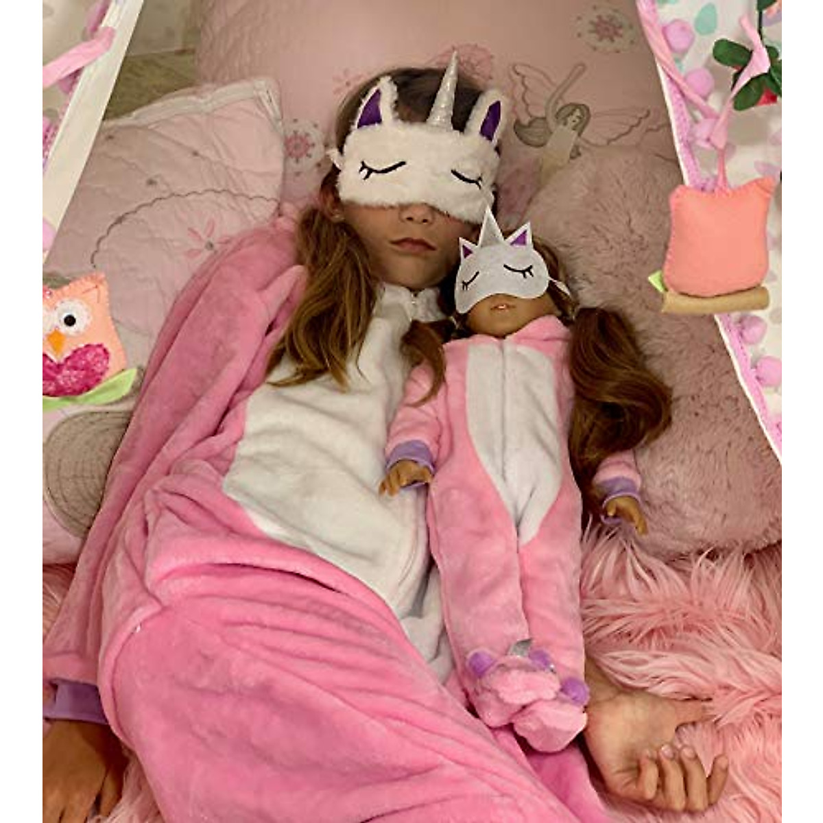MY GENIUS DOLLS Unicorn Matching Onesie Pajamas and Sleepmasks - Fits Girl and 18 inch Doll Like American (Doll Not Included)