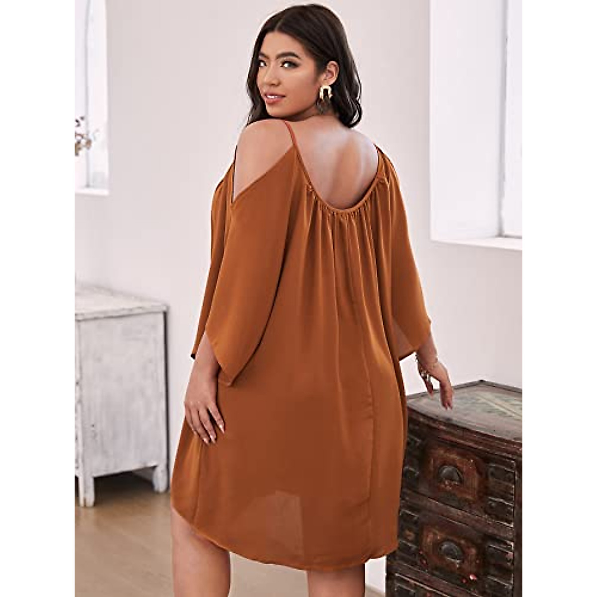 SOLY HUX Women Plus Size Summer Dress Cold Shoulder Short Sleeve Casual Loose Short Dresses Brown 1XL