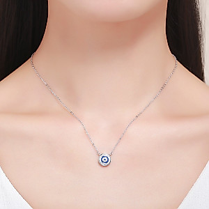 BISAER 925 Sterling Silver Lucky Evil Eye Necklace Blue Cubic Zirconia Pendant Necklaces for Women
