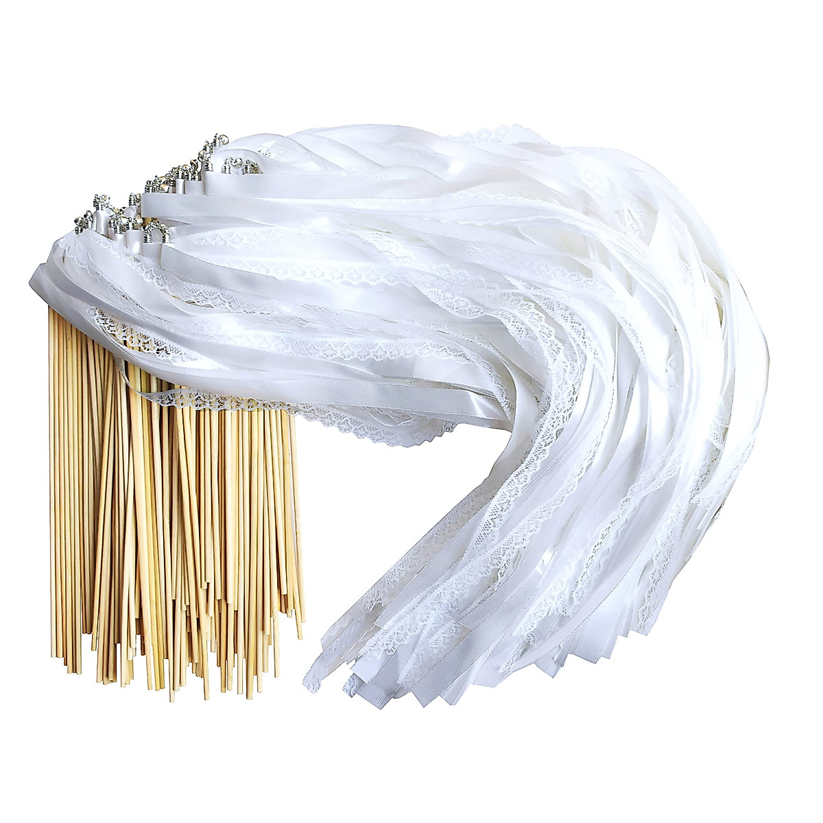 Kingsnow 100 Pieces Lace Wedding Ribbon Wands with Triple Ribbon and Silver Bell Wand Silk Fairy Stick Wand Streamers Party Ribbon Sticks Magic Fairy Wands for Wedding Bridal Shower Photo Prop Send