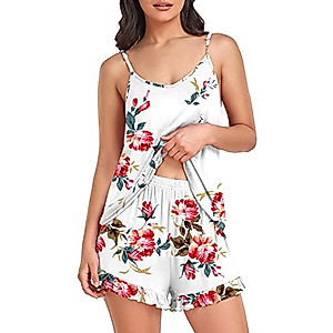 POPYOUNG Ruffled Camisoles Pajamas for Women's Sexy Sleepwear Soft Lingerie Cami Shorts Set Nightwear S,Floral White