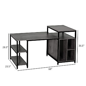 HOMCOM 68 Inch Office Table Computer Desk Workstation Bookshelf with CPU Stand, Spacious Storage Shelves & Chic Modern Woodgrain Design, Grey