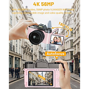 4K Digital Camera VJIANGER 48MP WiFi Vlogging Camera for YouTube with 180° Flip Screen, 16X Digital Zoom, 52mm Wide Angle & Macro Lens, 2 Batteries, 32GB TF Card(W02-Pink33)