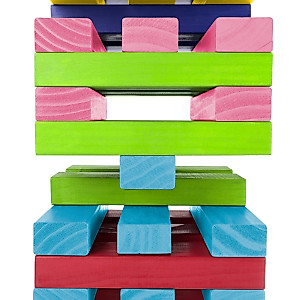 Hey! Play! Nontraditional Giant Wooden Blocks Tower Stacking Game with Dice, Outdoor Yard Game, for Adults, Kids, Boys and Girls (Rainbow Color)