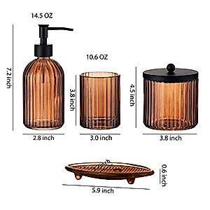 4PCs Heavy Weight Decent Glass Bathroom Accessories Set with Decorative Pressed Pattern - Includes Hand Soap Dispenser & Tumbler & Soap Dish & Toothbrush Holder (Brown)