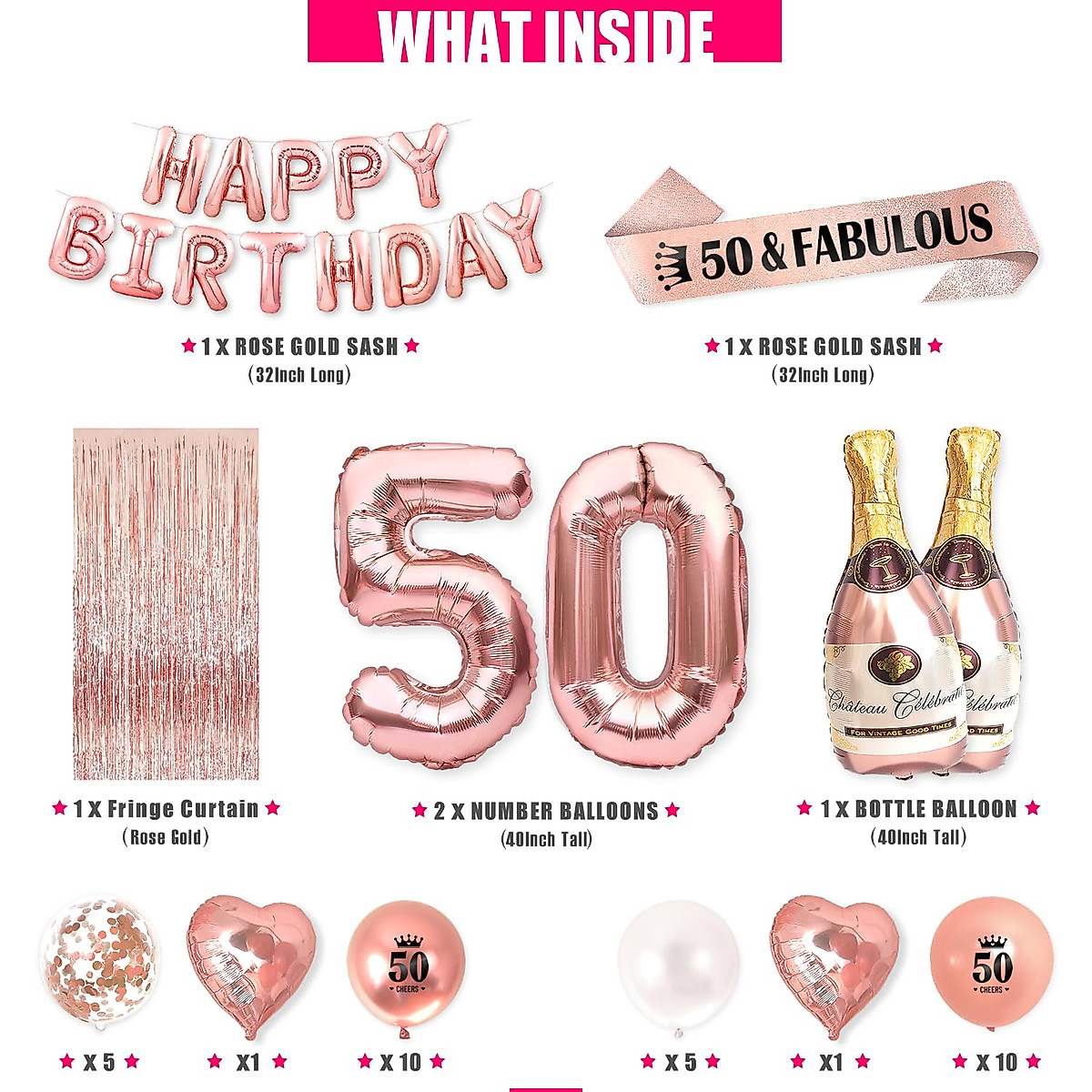 PartyForever Happy 50th Birthday Decorations for Women Rose Gold Supplies Big Set including Happy Birthday Banner with 50 and Fabulous Bday Sash for Her Party Decor