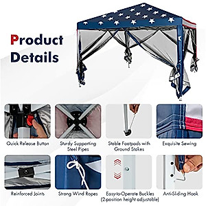Tangkula 10x10 ft Pop-Up Canopy Tent, Outdoor Canopy Tent with Carry Bag, Waterproof Screen House Room Tent with Netting for Camping, Backyard, Wedding, American Flag Printing