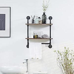 Pipe Floating Shelves, Industrial Pipe Shelves 2 Tier Wall Shelf Wall Mounted Bookcase, Metal Bracket with Rustic Wood Planks for Farmhouse, Laundry Room, Bathroom, Kitchen, Living Room - 30 Inch