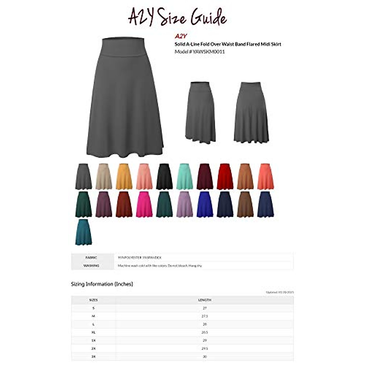 Solid A-Line Fold Over Waist Band Flared Midi Skirt Blue Grey L