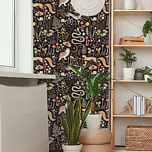 MAGAFA Peel and Stick Wallpaper - Fairytale Forest Moon and Stars - Owls, Snakes - Green, Red, Yellow, Brown, White - Matte - Waterproof - Reusable - 17.71" x 118.1" - Wall Art