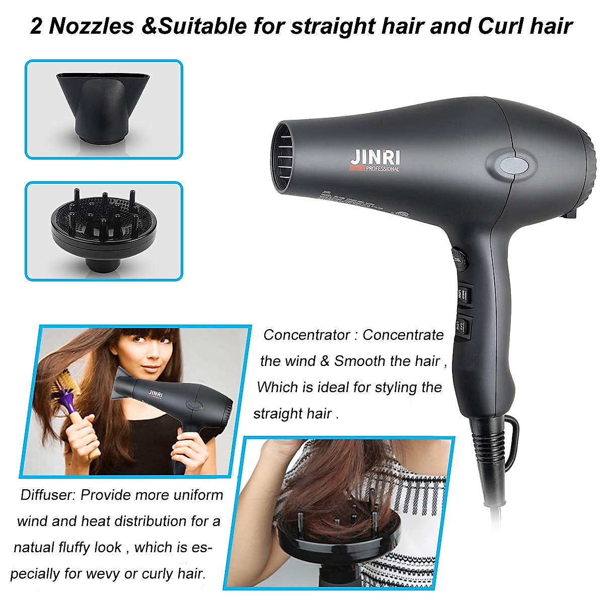 Hair Dryer, 1875W Blow Dryer, Ionic Hair Dryers with Diffuser and Concentrator Attachment, Fast Dry Light Weight Low Noise Hairdryer