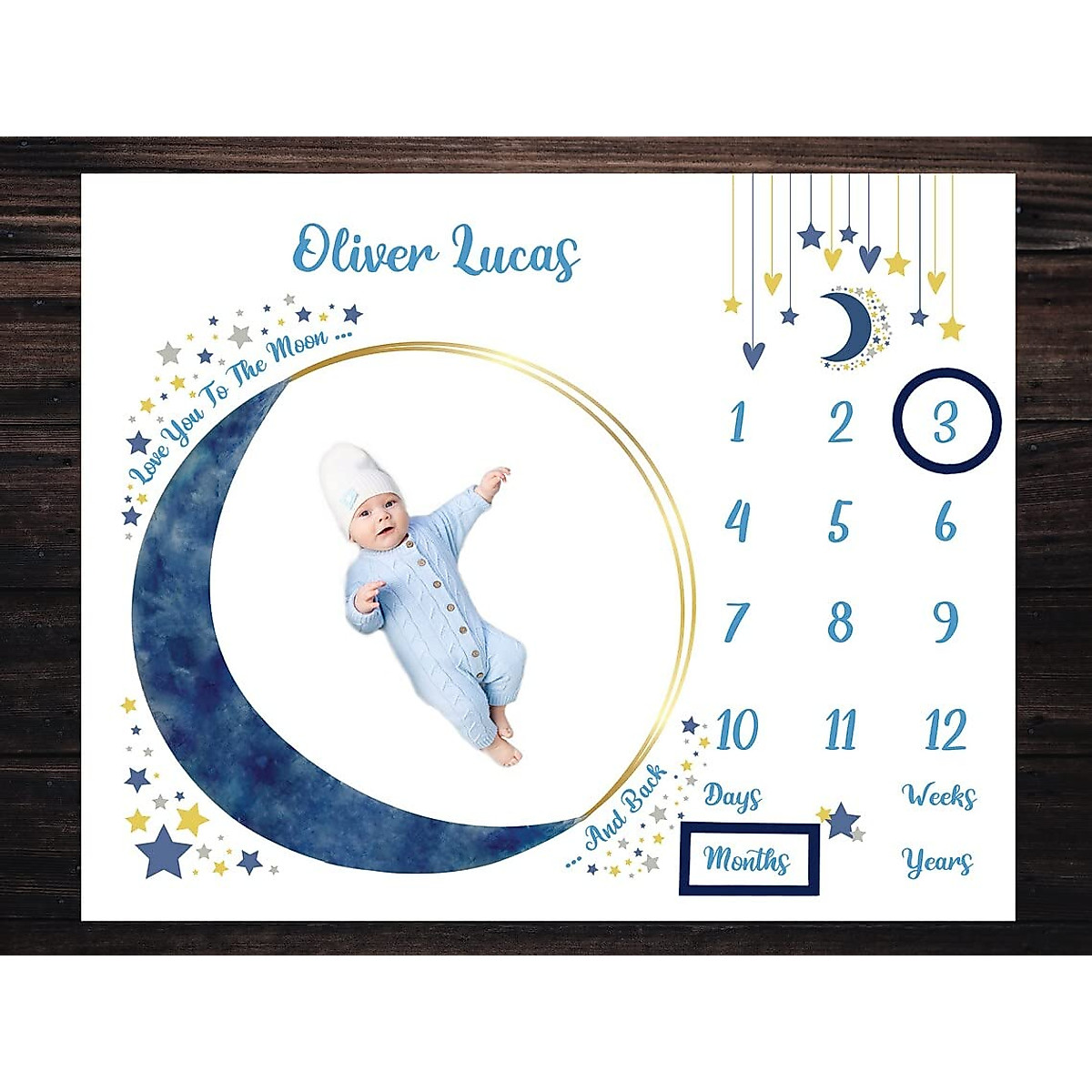 Personalized Baby Milestone Blanket 50x40 Moon and Stars Boys, Customized Milestone Blanket, Monthly Milestone Blanket, Baby Photo Prop Blanket, Baby Growth Age Chart, Baby Shower Keepsake Gift