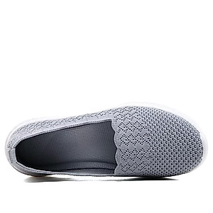 Puxowe Women's Slip on Wide Walking Flat Shoes-Comfortable Low-Top Knit Width Loafer Sneaker Light Gray Size 8 US