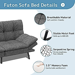 wOod-it Futon Sofa Bed, Memory Foam Foldable Couch Convertible Loveseat Sleeper Daybed with Adjustable Armrests for Small Space, Studio, Office, Apartment, Compact Living Room, Dark Gray