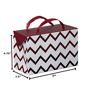 Maroon Chevron Paper Gift Bag Box (6 Pack) Foldable Party Favors Foil Stamped Treat Bags with Ribbon Handles for Baby Shower, Holiday and Birthday Parties 7"X 3.5"x 4.75”