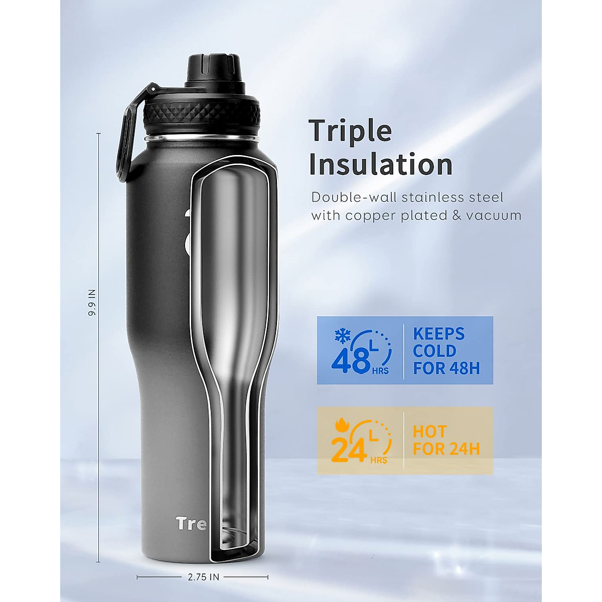 Trebo Water Bottle 32oz with Paracord Handle,Food-grade Double Wall Vacuum Stainless Steel Insulated Tumbler Flask with Straw Spout Lids,Leakproof Keep Cold & Hot,Fit in Any Car Cup Holder,Dark Gray