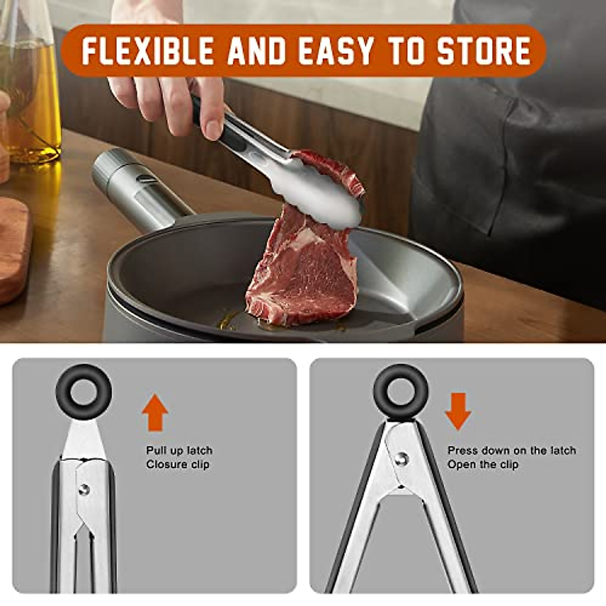 TACGEA Stainless Steel Kitchen Tongs, Silicone Non-slip Grip, Locking Grilling Food Tongs Set of 2, 9-inch & 12-inch