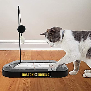 Pets First Cat Scratching Toy NHL Boston Bruins Hockey Field Cat Scratcher Toy with Interactive Cat Ball Bell in Tracks. 5-in-1 CAT Toy: Cat Wand Poll with Catnip Filled Plush Hockey Puck & Feathers.