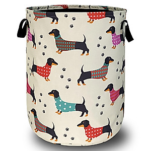 Cute Dachshunds Laundry Hamper With Handles Foldable Oxford Cloth Dog Paw Print Tote Bag Colorful Laundry Basket Clothes Toy Storage Bucket18.9" x 16.5" For Bathroom/Laundry/Bedroom