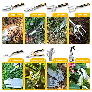 LETEEN Garden Tools, 9 Piece Heavy Duty Gardening Tools Set with Non-Slip Rubber Grip, Stainless Steel Garden Tool, Gifts for Kids, Women, Husbands, and Parents