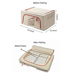 Foldable Clothes Storage Bags with Large capacity, Strong Metal Frame Support, Cotton linen, Cream-colored, BlueGift