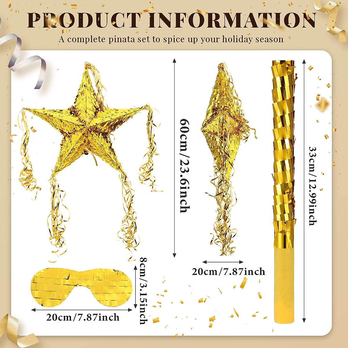 Foil Star Piñata with Blindfold and Bat for Kids Birthday Foldable Star Shape Piñata with Piñata Stick Gold Festive Star Piñata Foil Star Fiesta Party Supplies Favors for Mexican Baby Shower Party