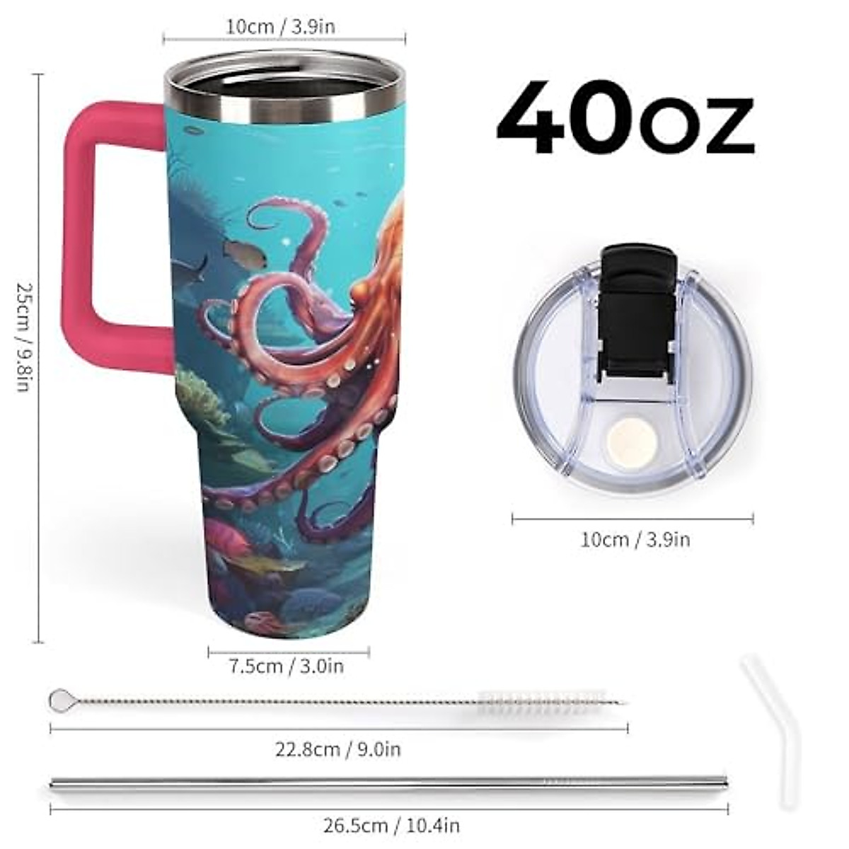 Octopus 40 Oz Car Cup Stainless Steel Travel Mug Leak-Proof Insulated Tumbler with Handle Light Rose Red-style