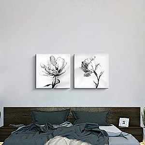 Pinetree Art 2 Panel Black And White Canvas Wall Art White Flower Rose Nordic Canvas Prints Painting Wall Decor for Living Room Wooden Framed Home Decorations - 12"x12" (White Flower, 12 x 12 2pcs)