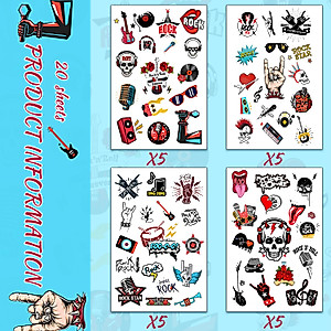 20 Sheets Rock and Roll Temporary Tattoos Party Favors for Rock Star, Born to Rock, 50s/80s Rock Theme Party Decorations Supplies Gifts