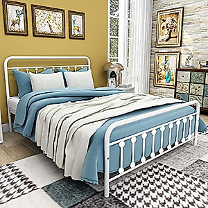 Diolong Queen Bed Frame with Headboard and Footboard Metal Bed Frame Vintage Sturdy Mattress Foundation No Box Spring Needed (White, Queen)