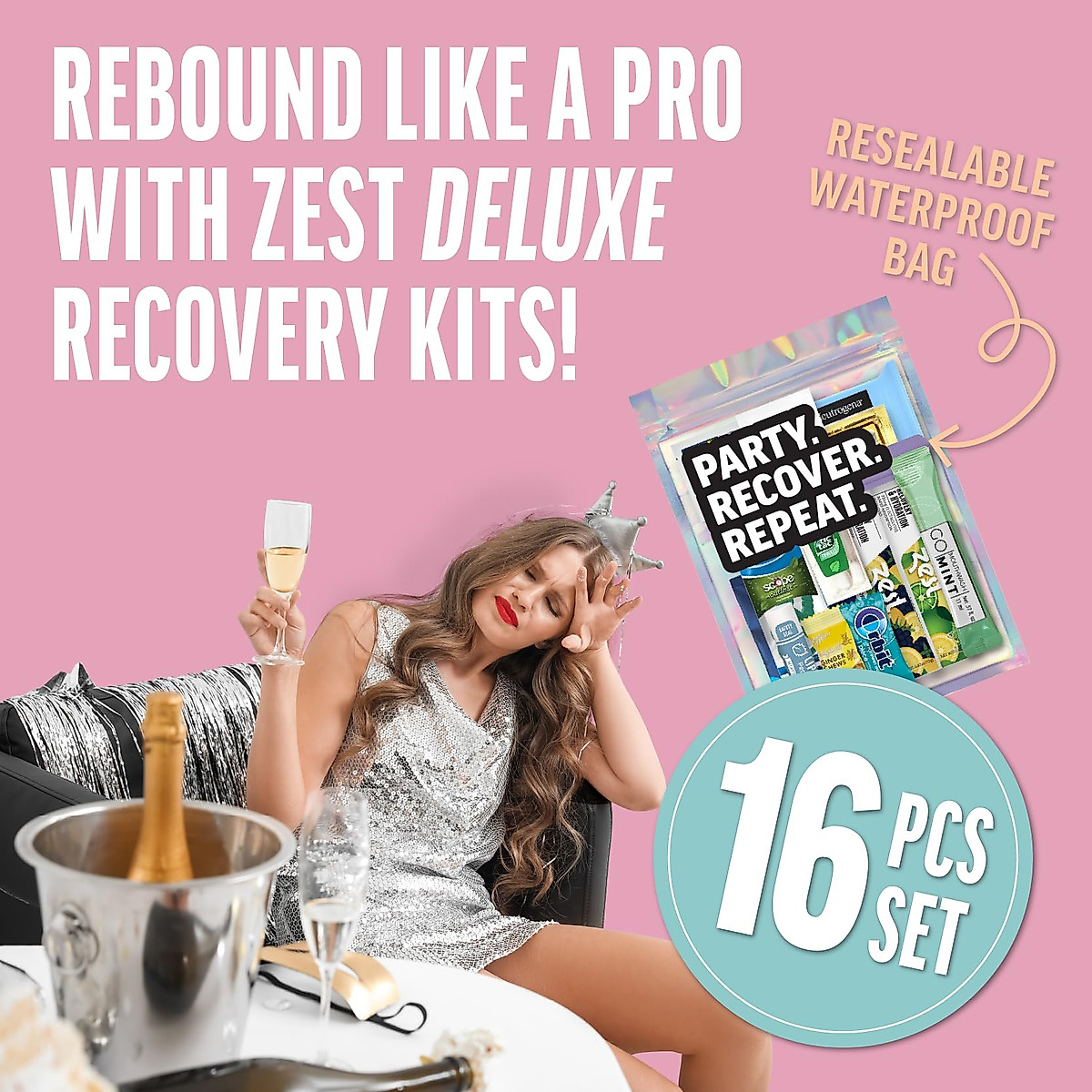 Hangover Kit - 10 Piece Pre-Filled Gift Bag - Essential Supplies Set - Wedding, Birthday, or Bachelor/Bachelorette - Zest Hydration Packets, Chew, & More