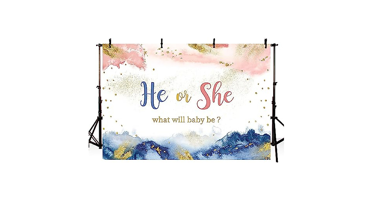 Gender Reveal He or She Backdrop - Baby Shower Photo Booth Gold