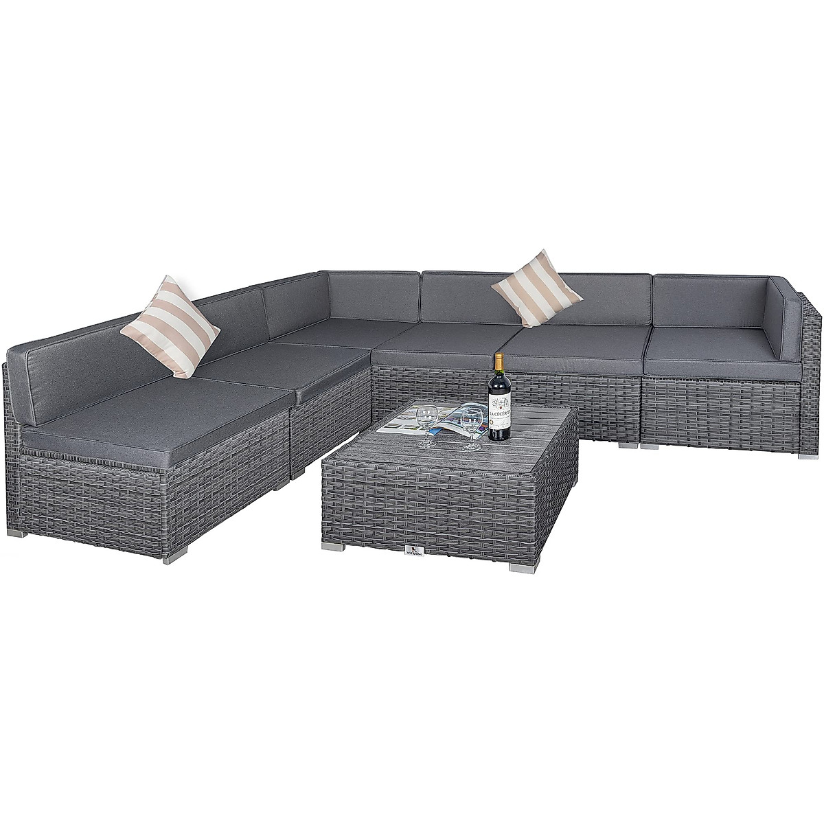 7 Piece Outdoor Patio Furniture Set with Cushions, PE Rattan Wicker Modular Outdoor Sectional L Shape Patio Conversation Sofa Set with Coffee Table, and Two Pillows (Light Gray/Gray)