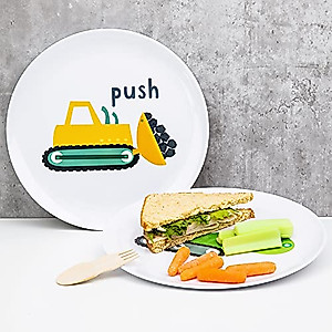 Tiny Expressions – Construction Plates for Toddlers - Set of 4 Melamine Plates for Kids - Mixer, Excavator, Bulldozer, and Dump Truck - Fun Plastic Plates for Kids