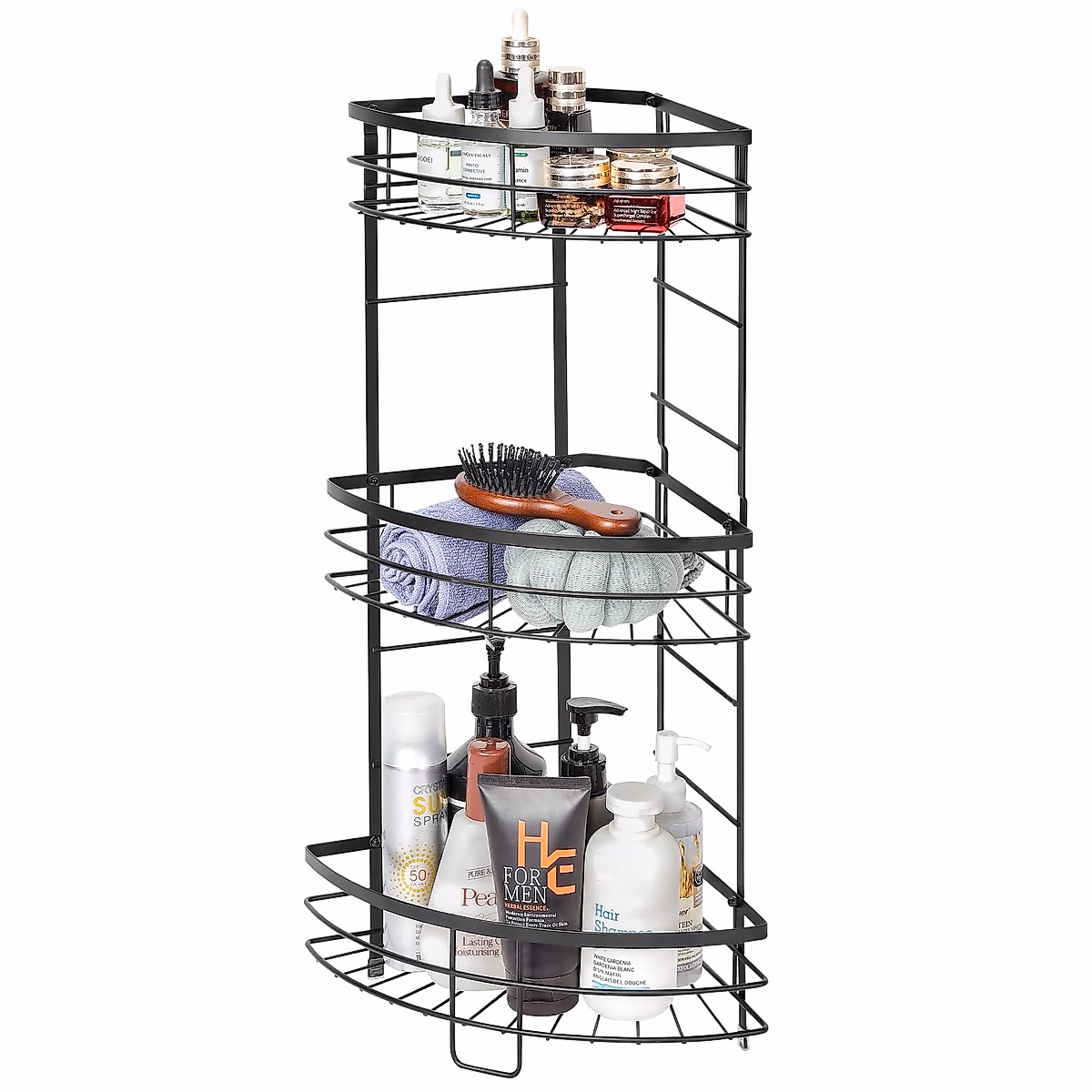 Shinoske 3-Tier Corner Shelf, Metal Bathroom Shelf Unit, Black, Semicircular, Modern, Freestanding, Space Saving, Waterproof, 13.4x8.7x24 inches