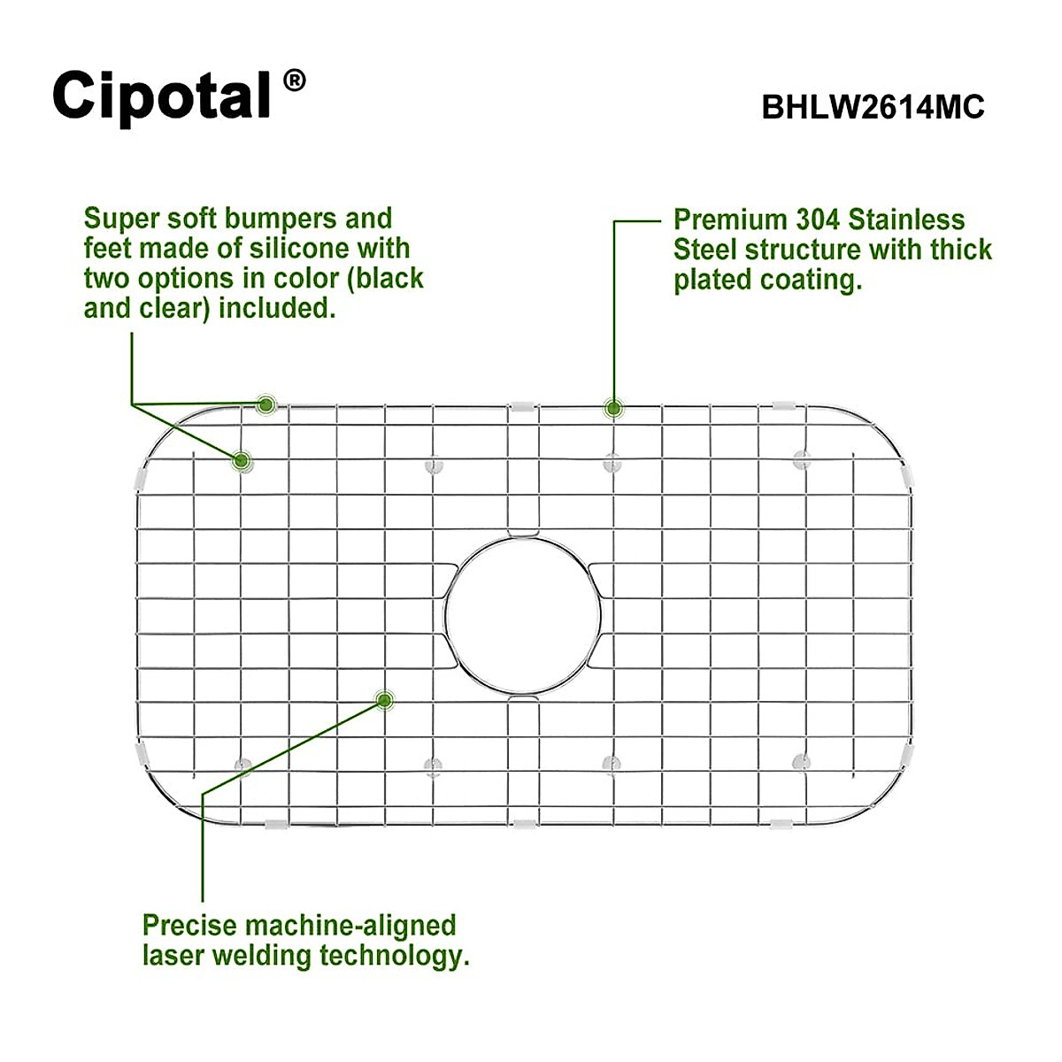 CIPOTAL 26.1 in. x 14.1 in. Centre Drain Sink Protector with Supersoft Silicone Feet in 304 Grade Stainless Steel