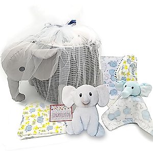 Baby Shower Gifts - New Baby Newborn Essential Gift Basket, Beautiful Elephant Theme Gift Wrapped for a boy or Girl, All in One Registry Essential Stuff for Boys or Girls, Includes Card Perfect Set