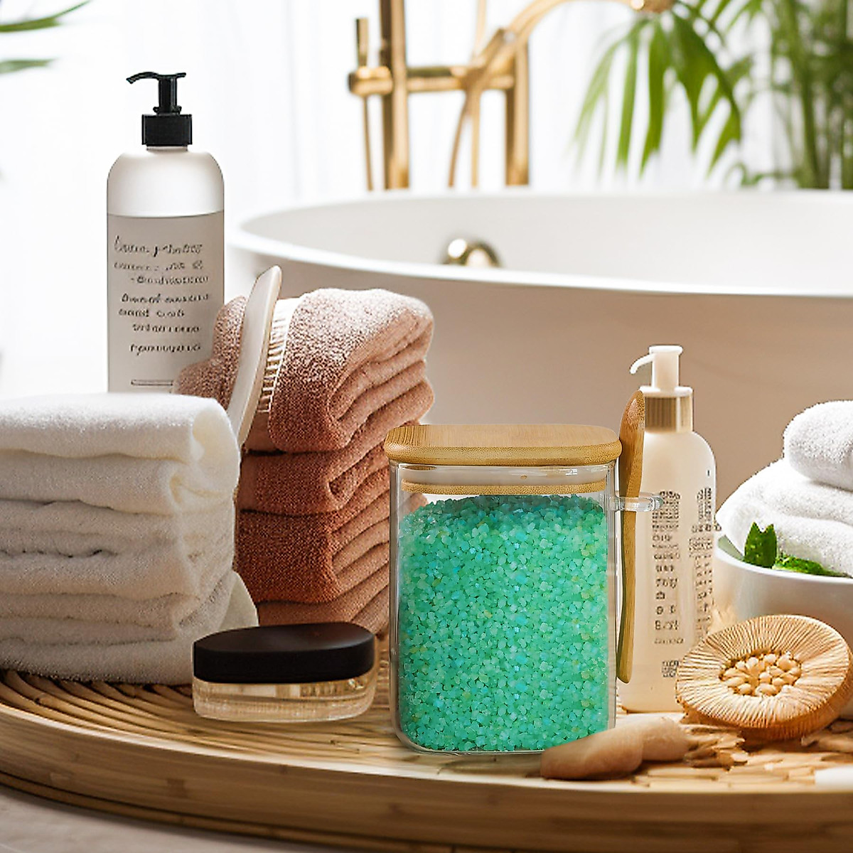 ComSaf 31oz Glass Jars with Bamboo Lids & Spoons Set of 4, Square Glass Containers with Lids, Sugar Coffee Containers Salt Spice Jars, Pantry Storage Container for Loose Tea, Candy, Brown Sugar, Nuts