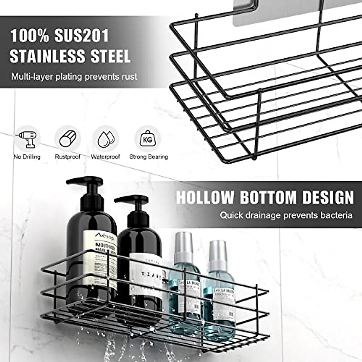 WECVLAG 6 Piece Shower Caddy Set, Shower Shelves with Adhesive Hooks, No Drilling Stainless Steel Shower Rack, Wall Mounted Rustproof Shower Organizer Storage for Bathroom, Kitchen
