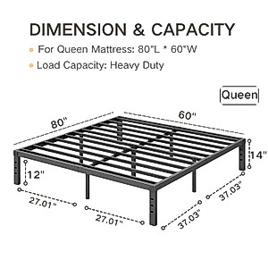 COMASACH Queen Bed Frame Heavy Duty,14" High Black Metal Platform Bed Frame,Sturdy Steel Frame,No Box Spring Needed,Noise-Free,Easy Assembly