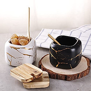 VanEnjoy Decorative Marble Inlay Glaze Ceramic Sugar Spice Containers Porcelain Jar with Bamboo Lid and Spoon Condiment Jar for Home