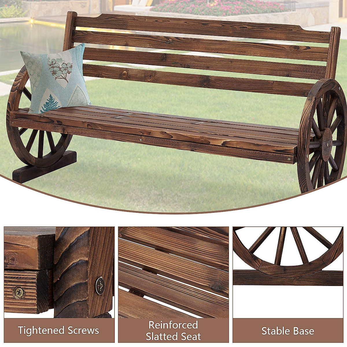 JSUN7 2-Person Rustic Wooden Wheel Bench Wagon Wood Seat with Backrest Rustic Country Design Bench for Backyard Patio