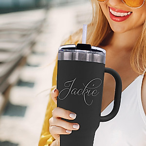 The Wedding Party Store Custom Monogrammed 40 oz Tumbler with Handle, Lid and Straw - Personalized Insulated Stainless Steel Large Cup (Black)