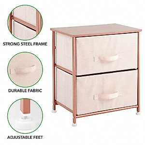 mDesign Small Storage Dresser End/Side Table Night Stand with 2 Removable Fabric Drawers - Organizer for Bedroom, Living Room, Closet - Hold Clothes, Accessories, Lido Collection, Light Pink/Rose Gold