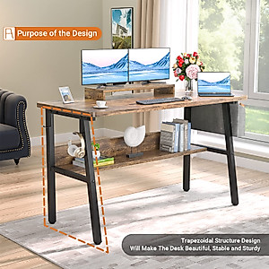 55 Inch Computer Desk, Desk with Monitor Stand, 55.2'' Office Laptop Table with Bookshelves, Study Writing Desk with Storage Bag and Hooks, Sturdy Desk for Home Office Workstation, Rustic