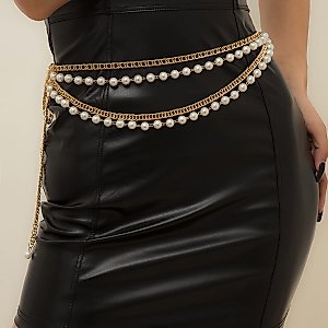 Xerling Layering Pearl Waist Chain Bohemian Multilayered Belly Chain for Women Girls Simulated Imitation Pearl Body Chain